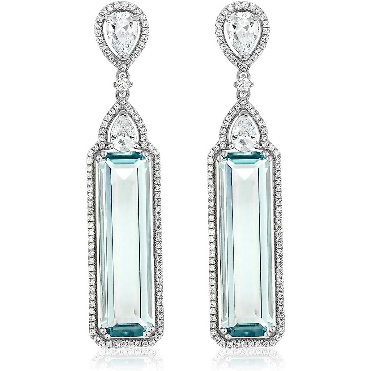 Gem Stone King 925 Sterling Silver Simulated Aquamarine Art Deco Dangle Earrings For Women (12.00 Cttw, 2 Inch)