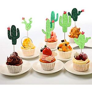TianJi 24 Cactus Cupcake Toppers Picks Sticks Happy Birthday Cake Decorations for Luau Hawaiian Summer Beach Party Supplies