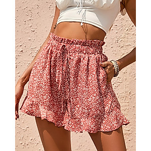 BTFBM Womens Casual Short Pants 2024 Resort Outfits Drawstring Lightweight Ruffle Elastic Waisted Summer Vacation Shorts(Floral Orange Red, X-Large)