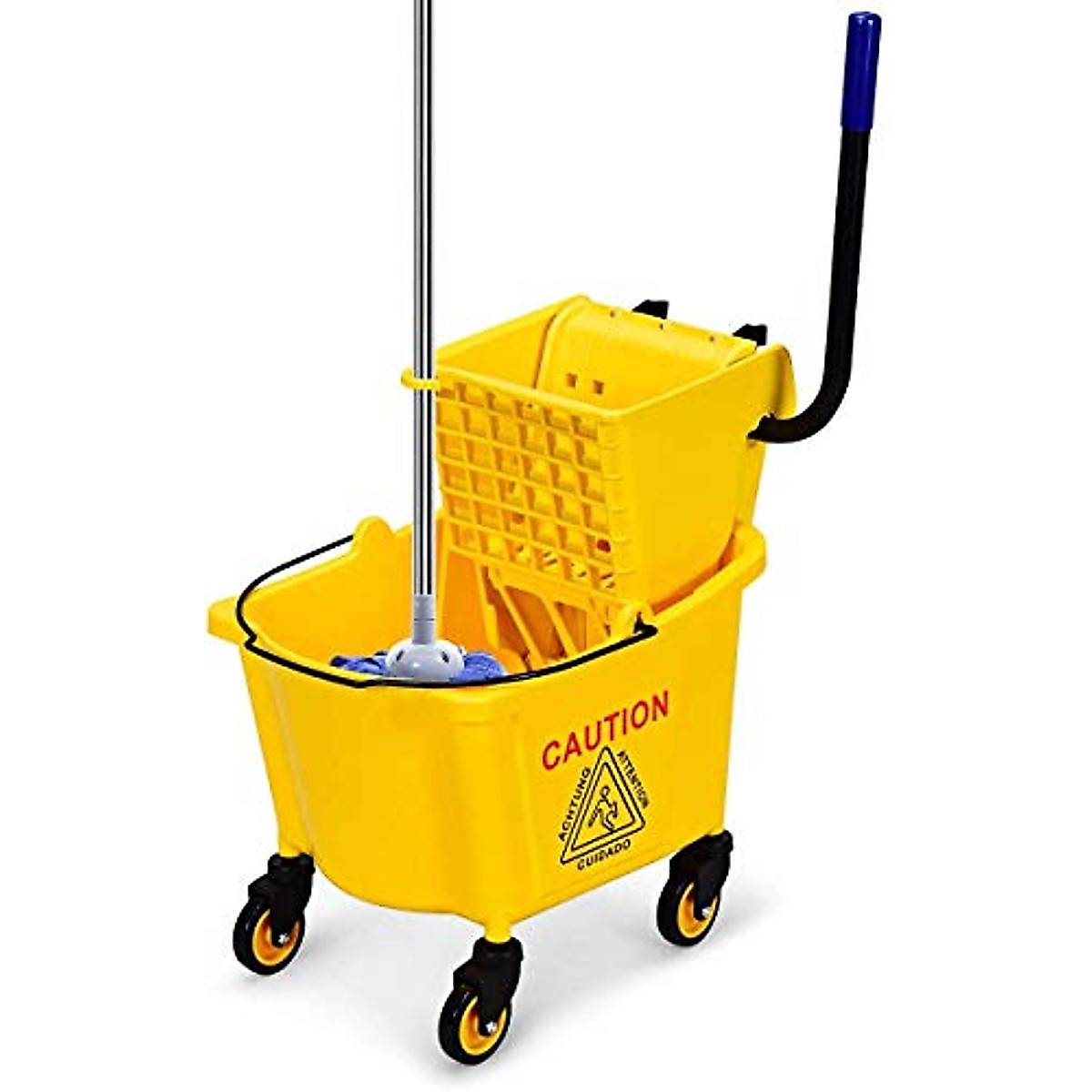 ReunionG Commercial Mop Bucket, Household Bucket with Wringer, Side Press Mop Bucket with Wheel and Handle, Side Press Wringer Trolley with Ergonomic Rocker for Easy Water Drain, Yellow (26 Quart)