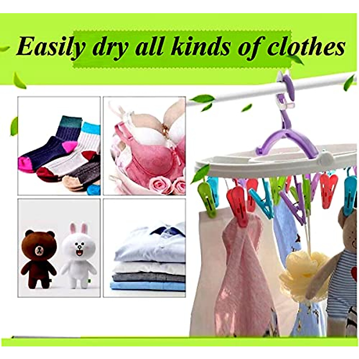 Newraturner Clothespin Rack Laundry Drying Rack,Clothes Hangers with 16 Clips,Clip Hanger Drip Hanger for Drying Underwear,Towel,Baby Clothes,Hat,Scarf,Socks,Bras,Pants,Cloth Diapers,Gloves