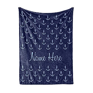 Personalized Fleece Blanket - Custom Throw Blankets for Adults Men Women Kids - Nautical Theme Navy Blue Anchor (Adult 60"x80")