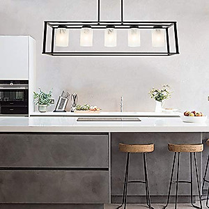 VINLUZ 5 Light Kitchen Island Chandeliers Farmhouse Black Linear Dining Rooms Lighting Fixtures Hanging with White Alabaster Glass Shade Rectangle Modern Industrial Pendant Ceiling Lights