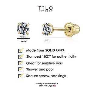 10k Yellow Gold Solitaire Round Cubic Zirconia Stud Earrings in Secure Screw-backs (3mm)………