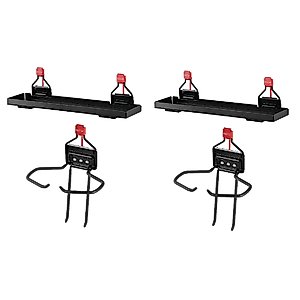 Rubbermaid Outdoor Metal Backyard Storage Accessories Shelf, Black (2 Pack) and Rubbermaid Storage Shed Mounted Power Tool Holder Accessory (2 Pack)