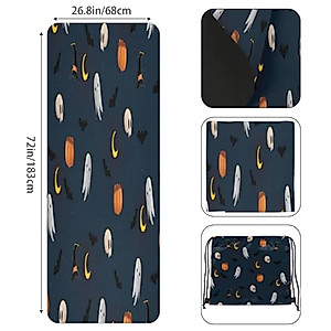 Skull Pumpkin Witch Hat Yoga Mat Folding Travel Fitness & Exercise Mat with Carrying Bag Non-Slip Lightweight Travel Yoga Mat for Women Pilates 72"L × 26.8” W × 2 Mm Thick