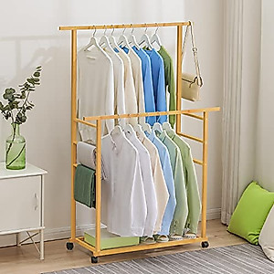 MoNiBloom Double Rod Clothing Garment Rack with Bottom Shelves, Bamboo Clothes Rack on Wheels Rolling Clothing Rack with Pants Rack Hanging Clothes, Natural