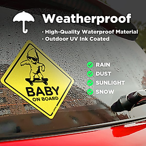 LAVMO Baby On Board Sticker For Cars (2 Pcs) - Bright Yellow Reflective Safety Signs - 5"x5" Funny and Cute Safety Caution Decal Sign for Window and Bumper - No Need for Suction Cups and Magnets