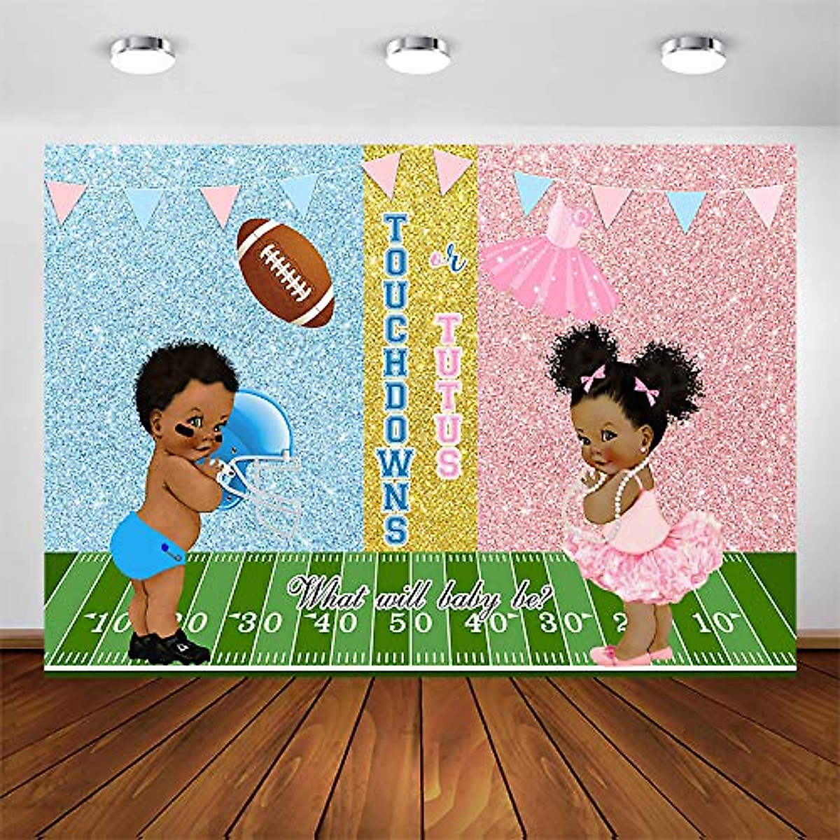 Avezano Touchdowns or Tutus Gender Reveal Backdrop Boy or Girl He or She Gender Reveal Party Decorations Photography Background Glitter Pink or Blue Baby Reveal Party Banner Photoshoot (7x5ft)