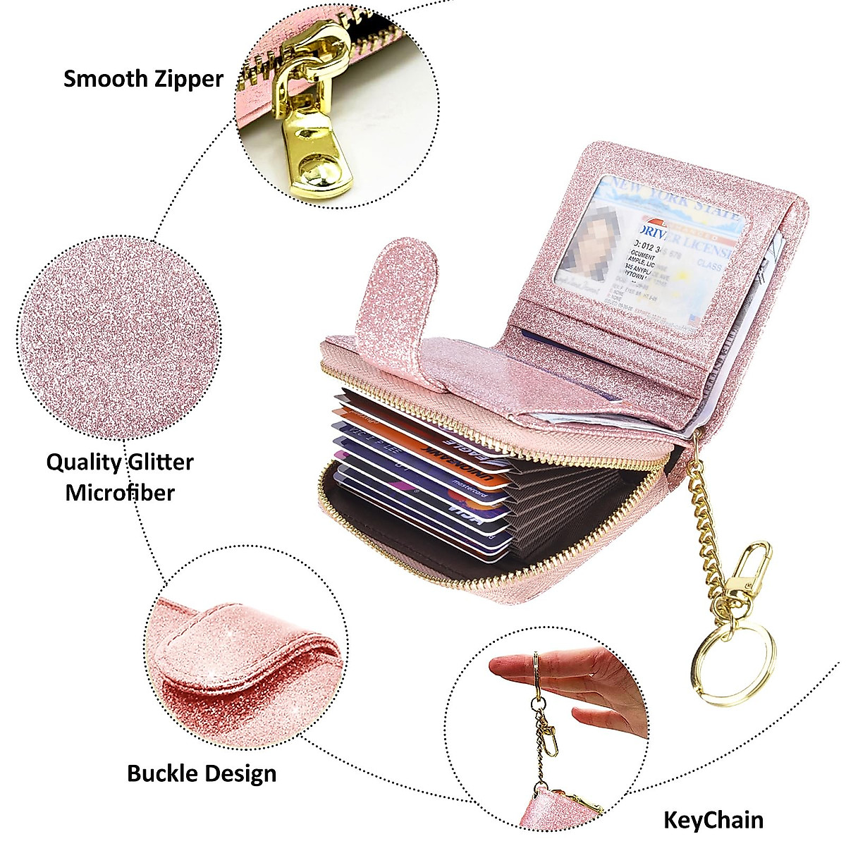 Beurlike Women's RFID Credit Card Holder Organizer Case Leather Security Wallet (Upgrade a (10 Accordion/Key Ring) - Glitter RoseGold)