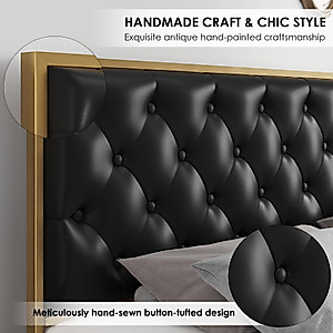 HIFIT King Upholstered Bed Frame with 4 Storage Drawers and Handmade Button Tufted Headboard, Modern PU Leather King Platform Storage Bed with Solid Wooden Slats, No Box Spring Needed, Golden & Black
