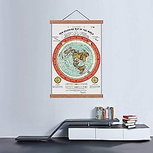 AlexArt Flat Earth Map - Gleason's New Standard Map of The World - Large 24"X36" Canvas Print Scroll Poster with Teak Wood Frame Ready to Hang
