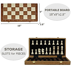 Wooden Chess Set for Kids and Adults – 18 inch Staunton Chess Set - Large Folding Chess Board Game Sets - Storage for Pieces | Wood Pawns - 2 Extra Queens