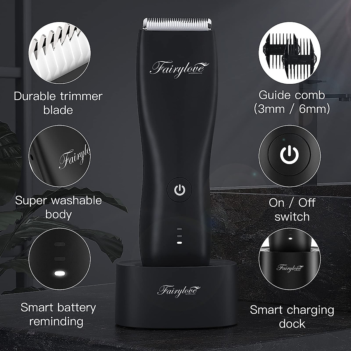 FAIRYLOVE Electric Groin Body Hair Trimmer Ball Trimmer for Men USB Recharge Dock Cordless Use Fully Waterproof Replaceable Ceramic Blade Pubic Hair Trimmer Body Groomer Kit for Men