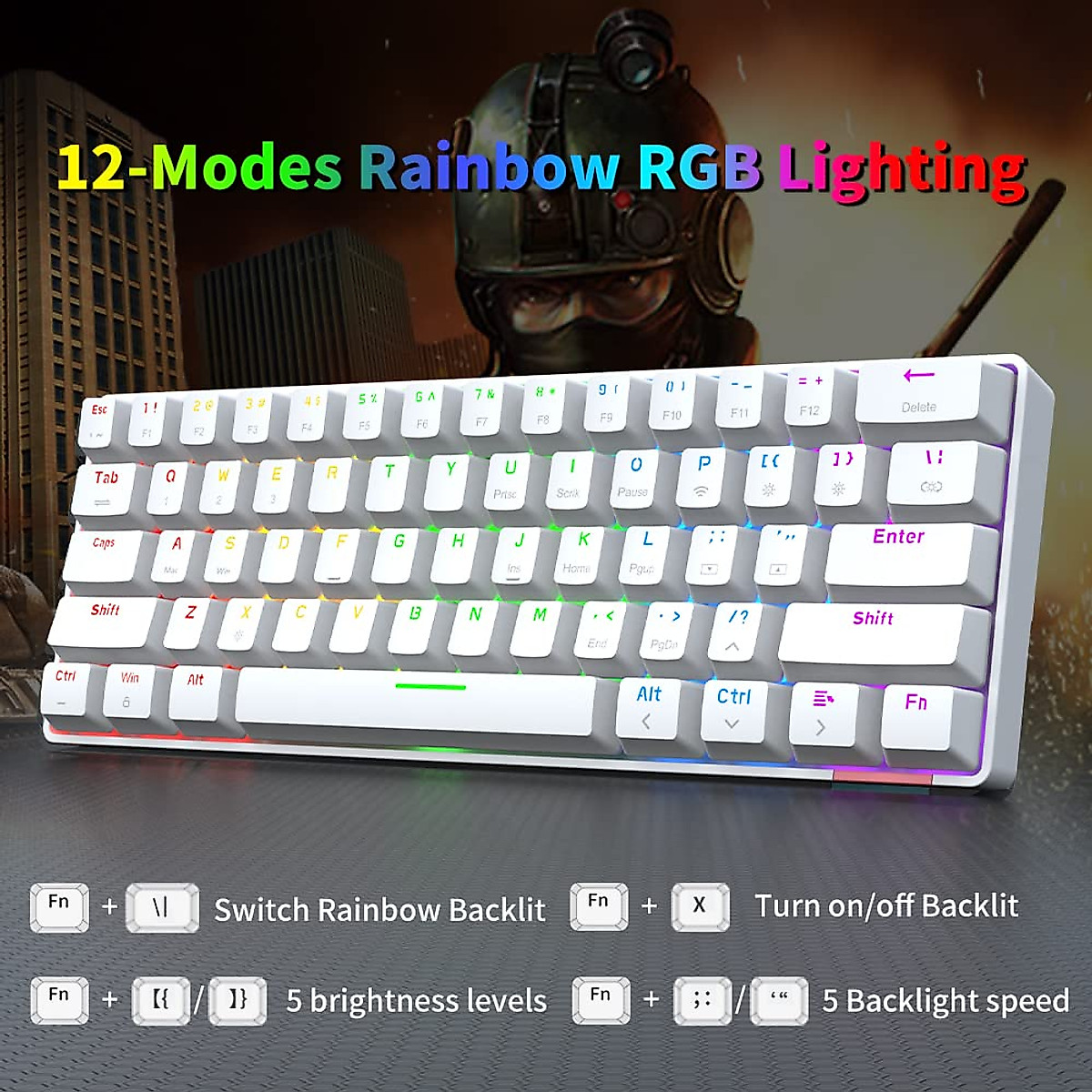 NACODEX STK61 2.4Ghz Wireless/Bluetooth/Wired 60% Mechanical Keyboard | 1000mAh Ultra Compact Rainbow Backlit Gaming Keyboard Wired Programmable for Win/Mac/PC Gamer