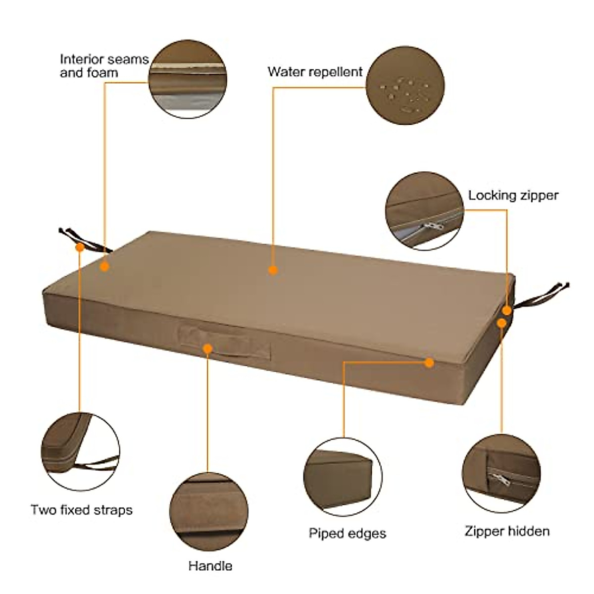 Faible Poisson Outdoor Bench Cushion, 60 x 18 Inch Waterproof Porch Swing Cushions Garden Patio Furniture Cushions with Handle and Anti-Slip Straps for Indoor Backyard Seat Pads, Coffee