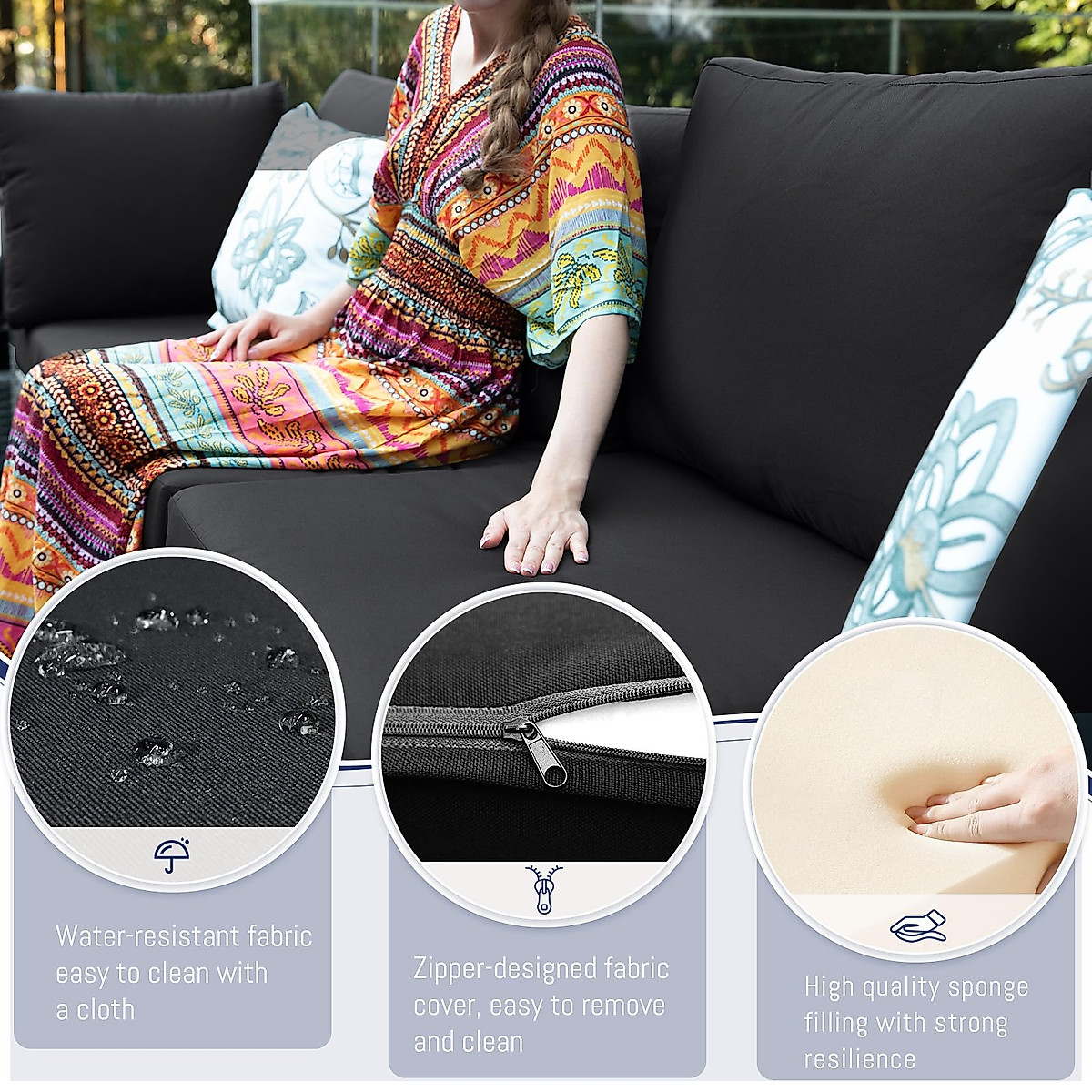 BULEXYARD Large High Back Grey Rattan Patio Furniture Set with Propane/Gas Fire Pit Table, Luxury Deep Wide Seat Outdoor Sectional Sofa, Modern Wicker Modular Conversation Couch (7Pcs, Black)