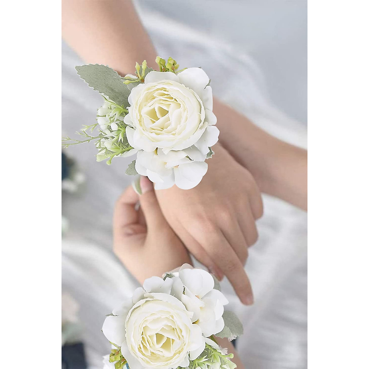 SDEERIT 4pcs Ivory Artificial Peony Wrist Corsages for Wedding, Bridesmaid Band Bracelet for Wedding Wrist Flower Mother of Bride and Groom, Party Proom Flowers(Ivory)