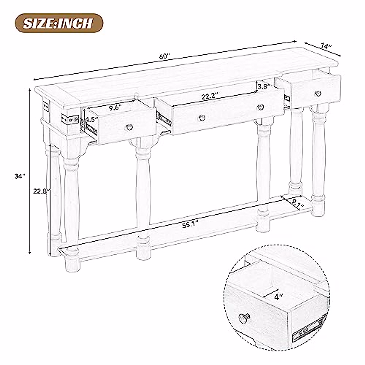 Bellemave Console Table Entryway Table with 3 Storage Drawers and Open Style Shelf Retro-Style Sofa Table for Living Room, Couch, Hallway, Foyer, Kitchen Counter (Creamy White)