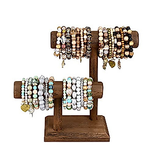 Ikee Design 2 Tier Wooden Jewelry Bracelet Watch Display Tower, Bangle Scrunchie Necklace Holder Storage Stand, 7.9" W x 4.3" D x 9.4" H, Brown Color