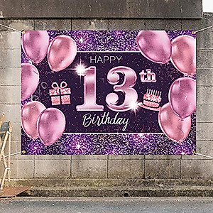 PAKBOOM Happy 13th Birthday Banner Backdrop - 13 Birthday Party Decorations Supplies for Girl - Pink Purple Gold 4 x 6ft