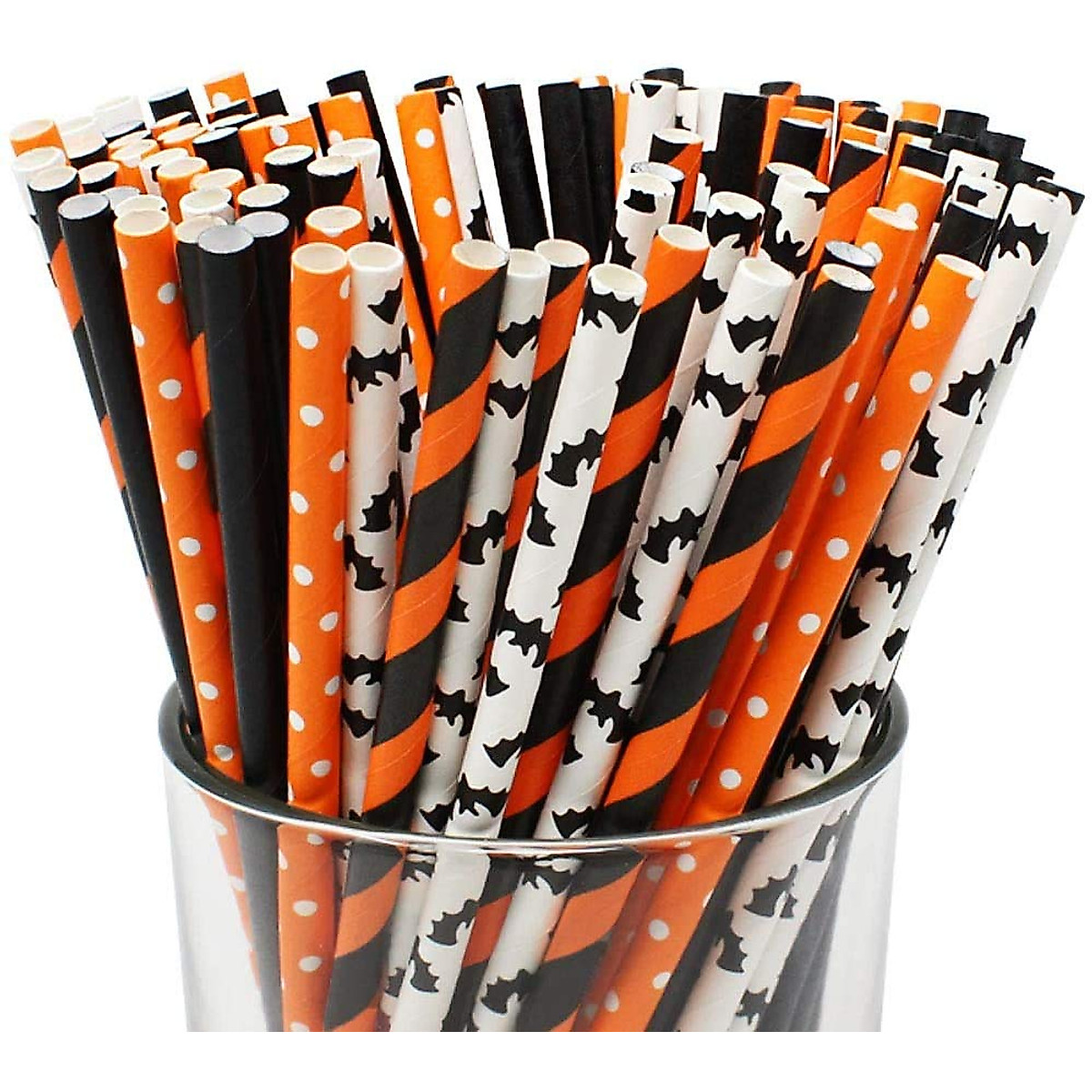 Shuiniba Halloween Paper Straws, Biodegradable Pumpkin Skull Striped Wavy Dot Paper Straws,Paper Drinking Straws for Party, Events and Crafts,Baby Shower Decorations 7.75 Inches,100 Packs - Mix Style