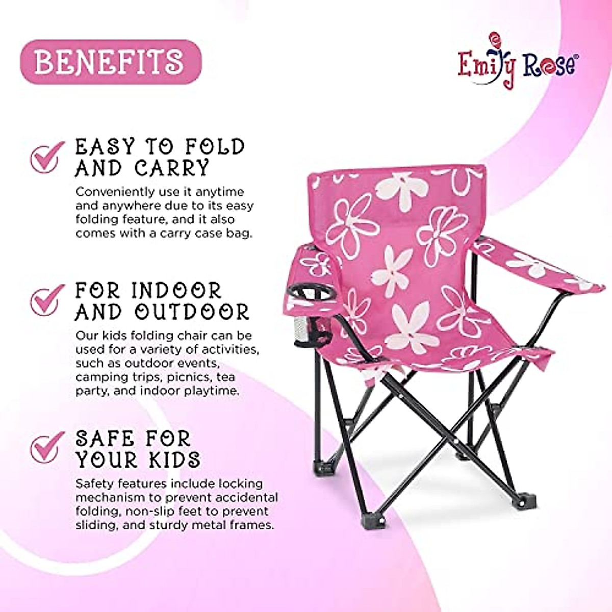 Emily Rose Kids Folding Chair | Pink Kid Beach Chair with Safety Lock- Camping Chair for Girls Toddler with Cup Holder & Carry Case- Tailgate, Travel, Beach, Lawn- for Indoor & Outdoor