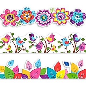 Bulletin Board Border Trim Colorful Removable Blackboard Chalkboard Border Springtime Luau Ocean Borders Stickers for Spring Classroom Office Party Wall Decor (Flower Style, 59 ft in Length)