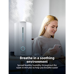 VYCOL Humidifiers for Bedrooms, 4L Ultrasonic Top Fill Cool Mist Humidifier for Large Room, Plants, Super Quiet, Lasts up to 65 Hours, Auto Shut-Off Air Vaporizer for Baby, Kids & Nursery White
