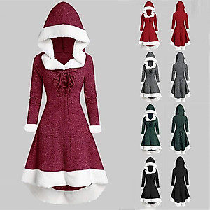 FKSESG Womens Vintage Dress Winter Christmas Long Sleeve Patchwork Hooded Party Dress