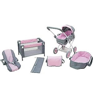 KOOKAMUNGA KIDS 5 Pc Baby Doll Stroller Set - Baby Doll Accessories - Baby Doll Playset w/ Doll Crib Stroller Car Seat - Playpen - Carry Cot - Diaper Bag - Ages 3+ - Deluxe Grey / Pink