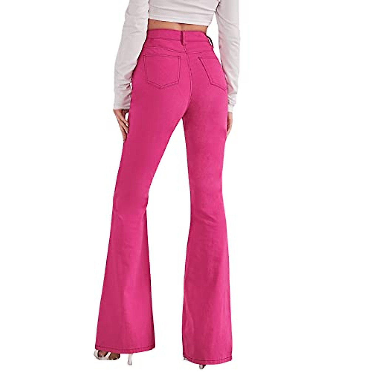 SweatyRocks Women's Casual Denim Pants Heart Print High Waist Stretchy Bell Bottom Flared Jeans Hot Pink S