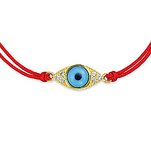 Minimalist Delicate Turkish Blue Evil Eye Red String Bracelet For Women Teens CZ Accent 14K Gold Plated .925 Sterling Silver