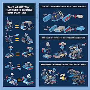 Toys for 5+ Year Old Boys, Take Apart Dinosaur, Magnetic Building Blocks Vehicles Play Set, 5 in 1 Cars & Trucks Transform Into Robot Dino T-rex, Engineering STEM Toys & Gifts for Boys & Girls