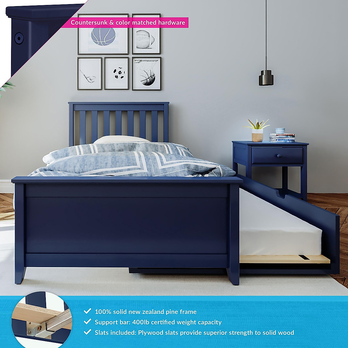 Max & Lily Twin Bed, Wood Bed Frame with Headboard For Kids with Trundle, Slatted, Blue