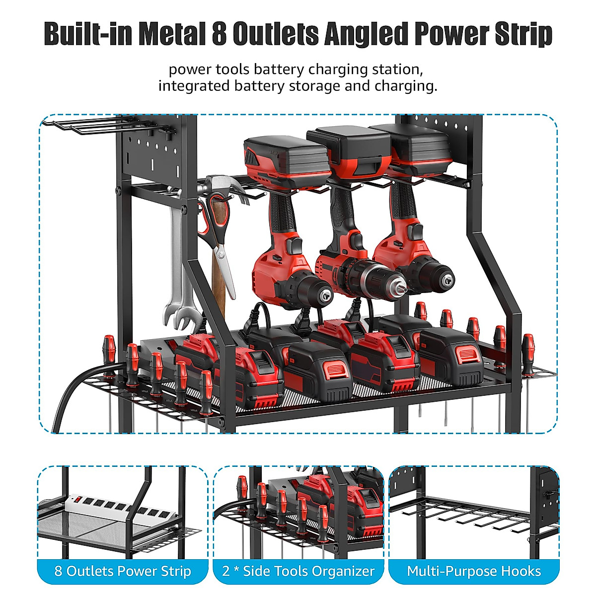 CCCEI Garage Small Power Tools Organizer Floor Stand, Drill and Battery Storage Rack with Charging Station, All Metal Tool Shelf with Pegboard and Hooks, Gift for Men.