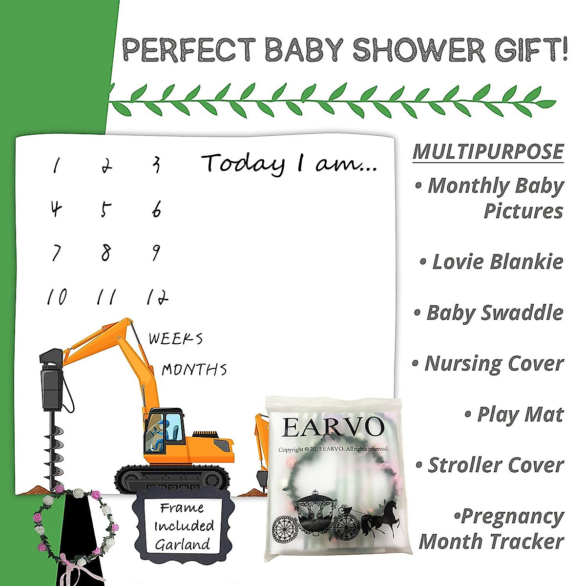 EARVO Baby Monthly Milestone Blanket Boy or Girl Construction Truck Baby Month Blanket with Wreath Frame Yellow Truck Milestone Blanket for Newborn to 12 Months Milestones 48”x48”BTZDEA10