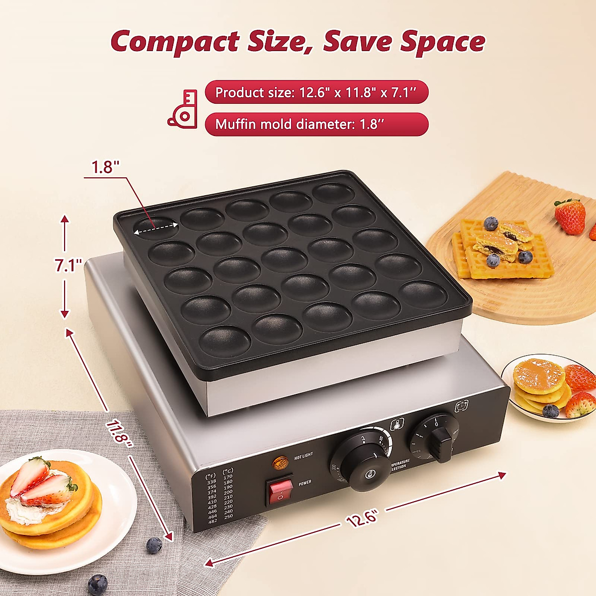 LANUEVA Mini Dutch Pancake Maker with Recipe, 25pcs 1.8" Electric Pancake Maker Baker Machine Non-Stick Coating, Stainless Steel, Fast Heating, Home & Commercial Use (110V)