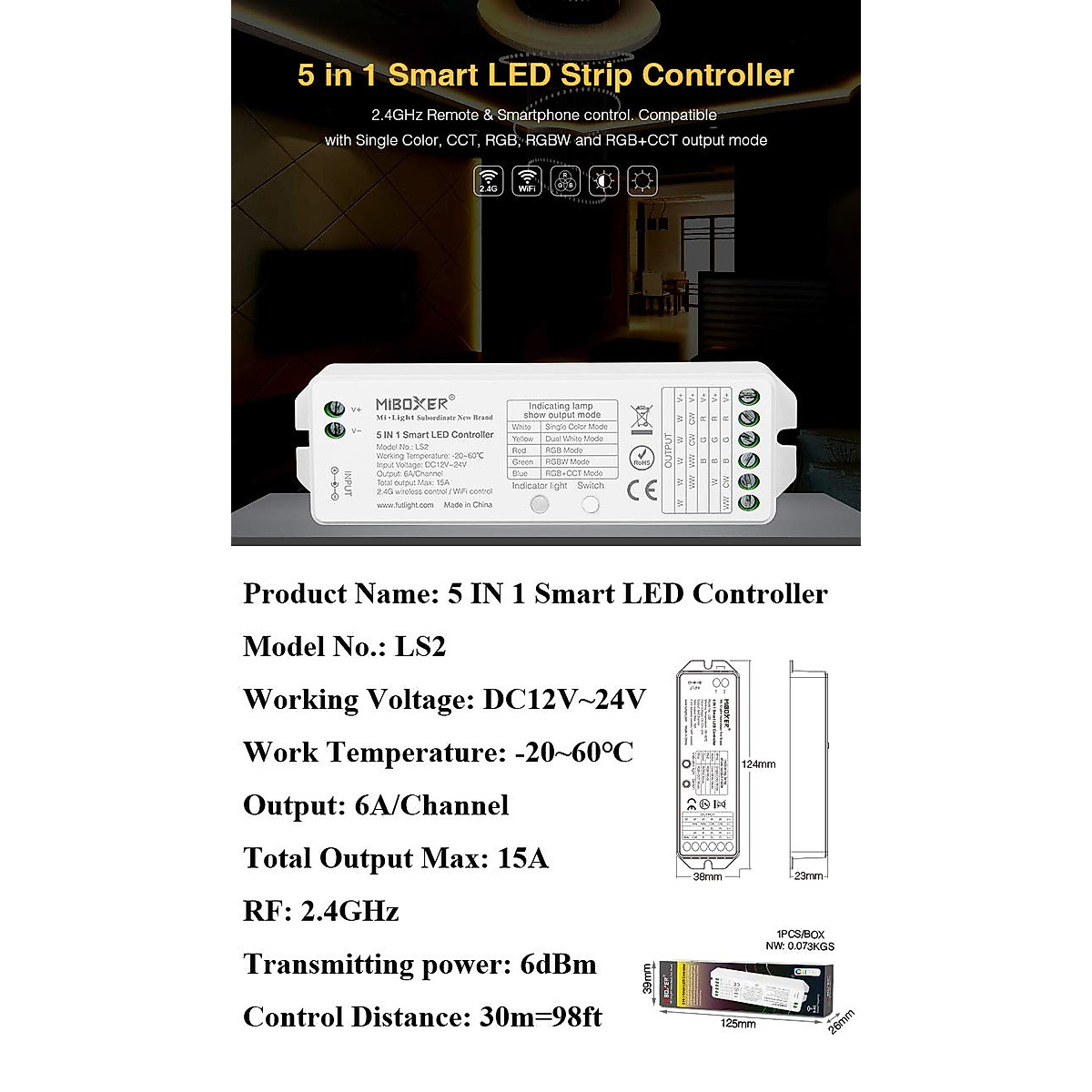 LGIDTECH LS2 LED Strip Lights 5 in 1 Controller,Compatible with Single Color,RGB,RGBW,WW+CW,RGB+CCT LED Strip Lights,Smartphone APP Control via Gateway(Excluded)