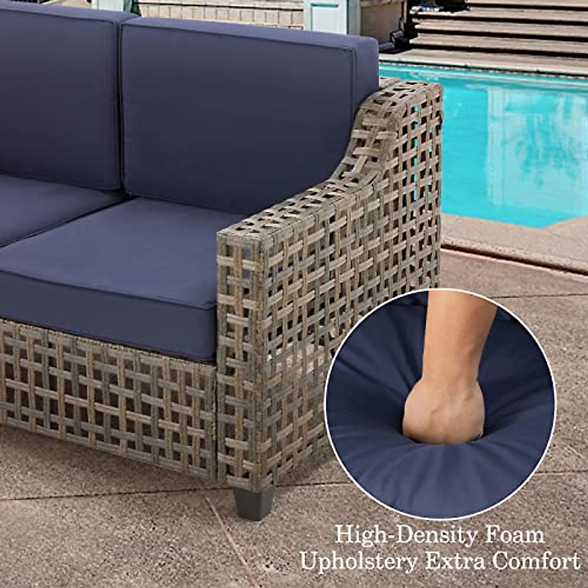 MELLCOM 4-Piece Outdoor Sectional Sofa Couch, Patio Furniture Set with Cushions and HDPE Table Top, Handwoven PE Wicker Rattan Patio Conversation Set for Patio, Garden, Yard, Pool, Brown and Blue