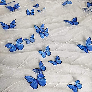 3D Vivid Butterflies Mesh Lace Fabric French Tulle lace for DIY Wedding Dress Costume Accessories Flower Girl Gown Dress Bridal Veil Home Decor(3Yard,White+Blue)