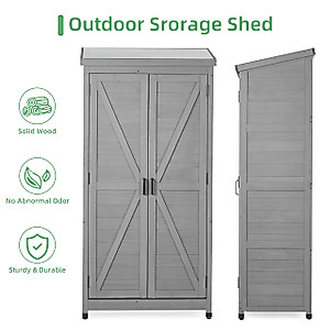 Outdoor Wooden Storage Shed with Metal Top, Tall Vertical Tool Cabinet for Backyard Garden Patio Lawn