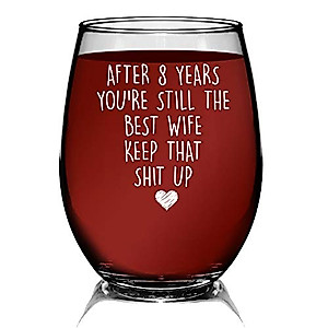 YouNique Designs 8 Years Anniversary Stemless Wine Glass for Her, 15 Ounces, Funny 8th Wedding Anniversary Wine Cup for Wife, Eight Years, Eighth Year