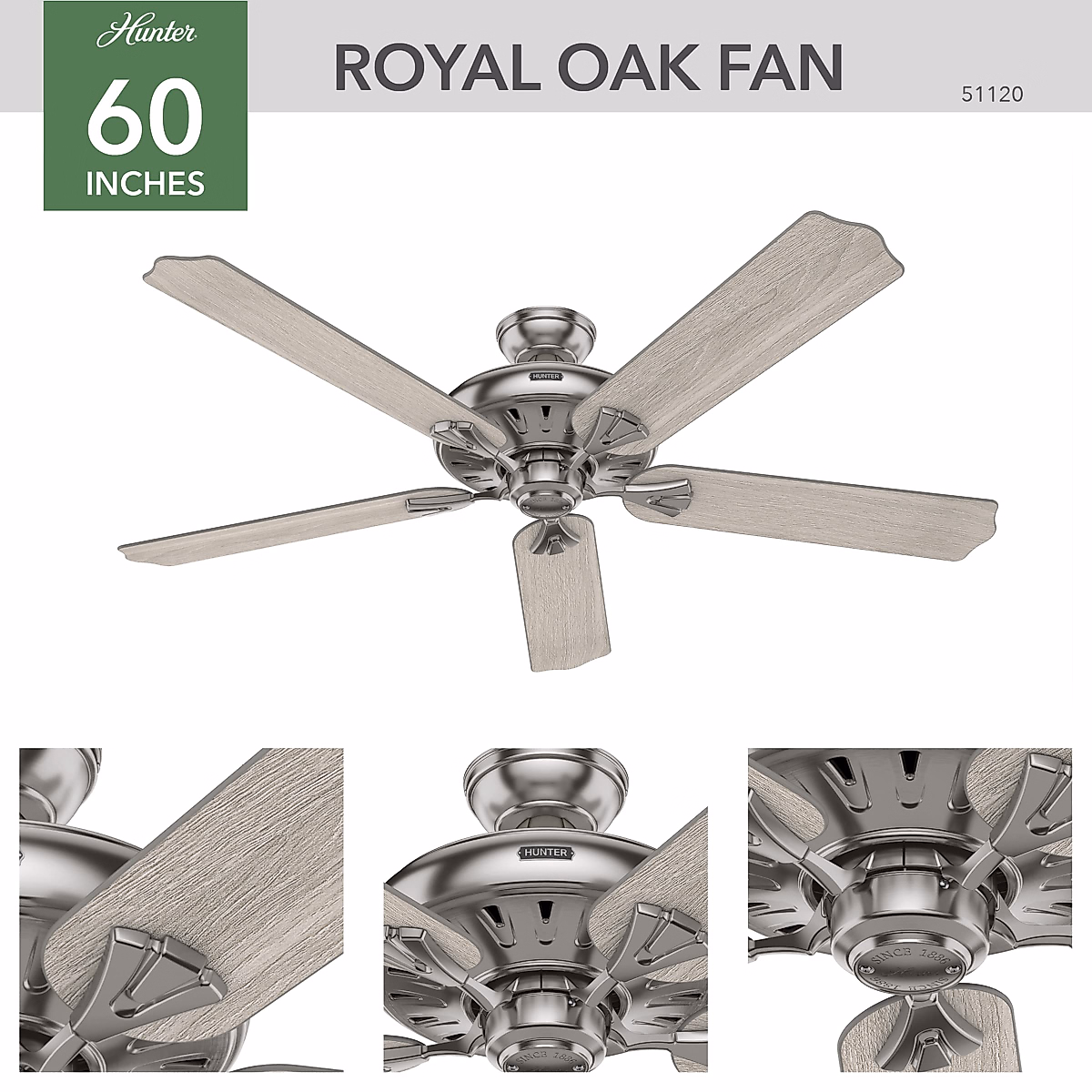 Hunter Fan Company, 51120, 60 inch Royal Oak Brushed Nickel Ceiling Fan and Handheld Remote