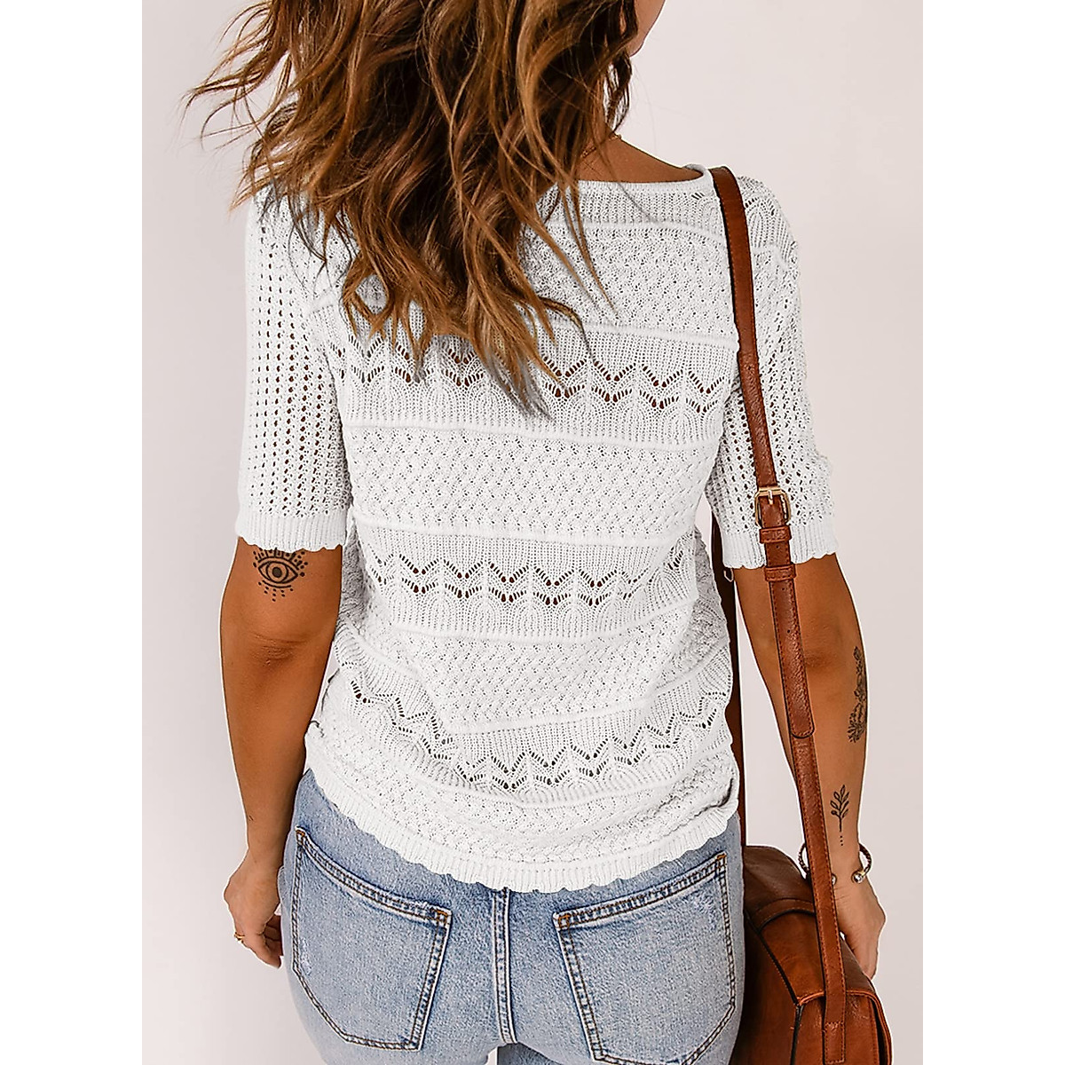 Dokotoo Women's Dressy Casual Short Sleeve Crewneck Sweater for Women Spring Summer 2025 Business Casual Tops Blouses Crochet Knit Tops White Sweaters for Women Trendy Clothing XL