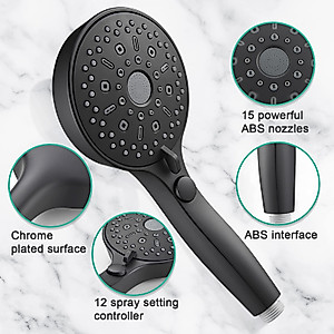 Heemli 12 Functions Shower Head with handheld, Hand held Shower with ON/OFF Pause Switch, High Pressure Shower Head Set with Hose Adjustable Bracket Rubber Washers - Black - U.S. Design Patents