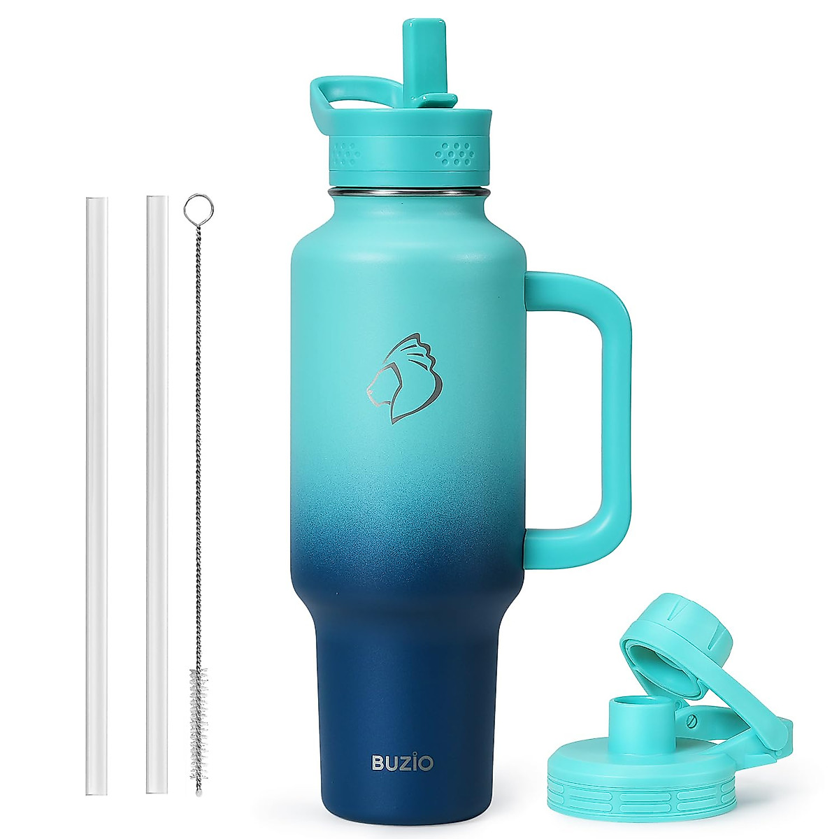 BUZIO 40 oz Tumbler with Handle and Straw, Stainless Steel Insulated Water Bottle Fits in Cup Holder with Straw & Spout Lid, Leak-Proof BPA-Free Travel Mug Keep Cold 48hrs &Hot 24hrs, Caribbean Blue