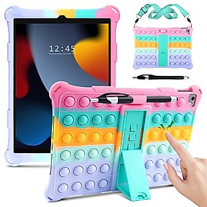 DETUOSI Silicone Case Compatible with ipad 9th Generation 2021/ 8th Generation 2020/ 7th Generation 2019, with Shoulder Strap & Stylus Pen, Soft Lightweight Multi-Angle Stand Cover, Dazzling Pink