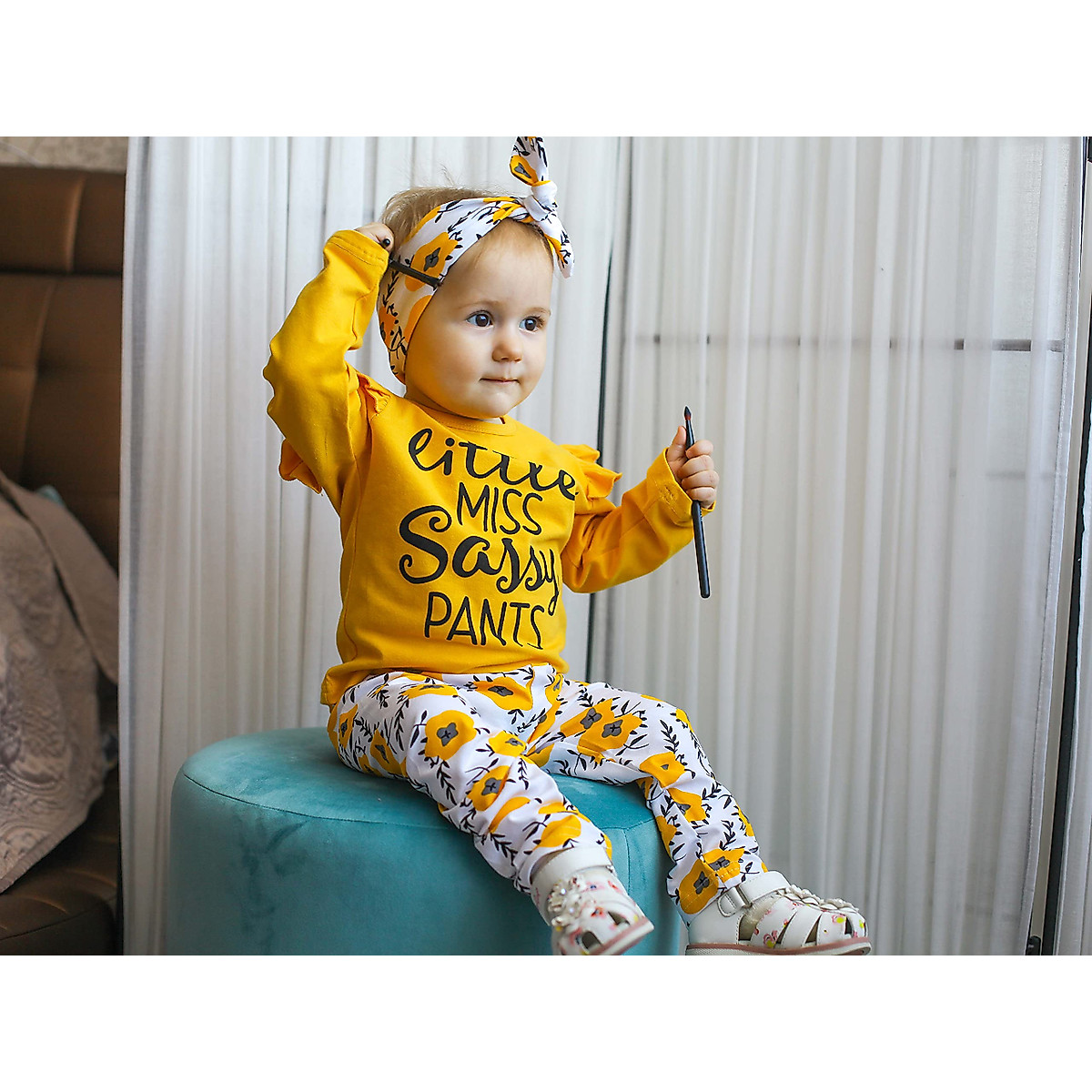 3Pcs Baby Girl Clothes Little Miss Sassy Pants Long Sleeve Letter Tops Flowers Pants and Headband Outfit Set (18-24 Months)