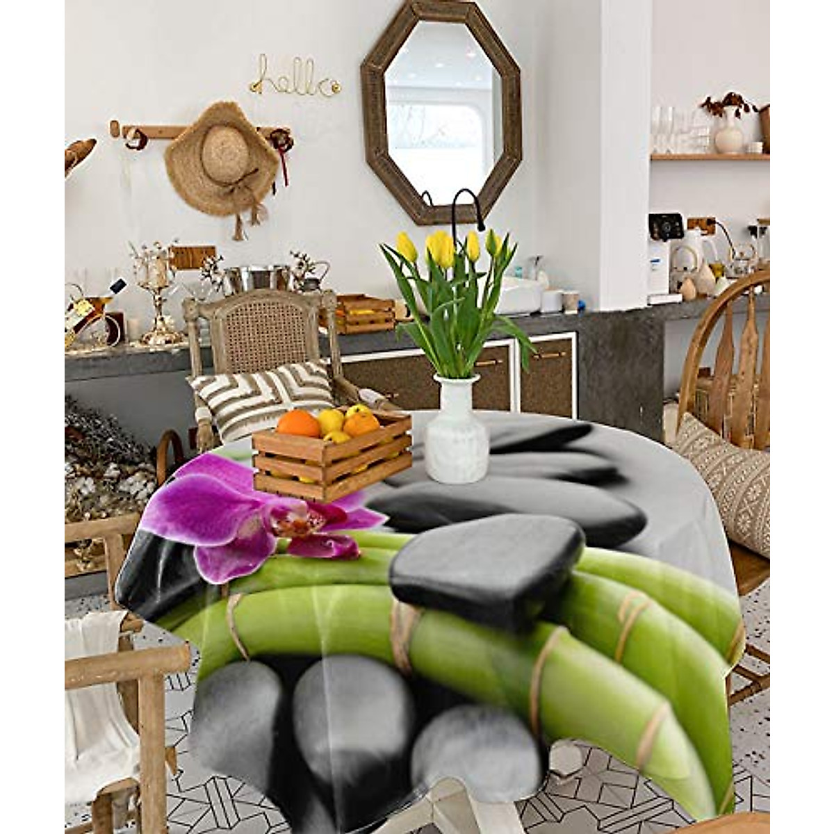 CyCoShower Tablecloth 53x53 inch Burlap Table Cloth Red Orchid with Black Basalt Stones on The Bamboo Ultra-Soft Table Runners for Dining,Kitchen,Wedding, Parties Outdoor Use